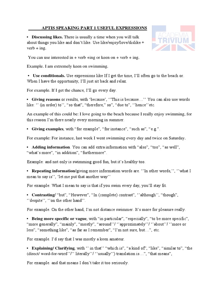 Aptis Speaking Part 1 0 2 Useful Expressions | PDF | Cognitive Science | Languages
