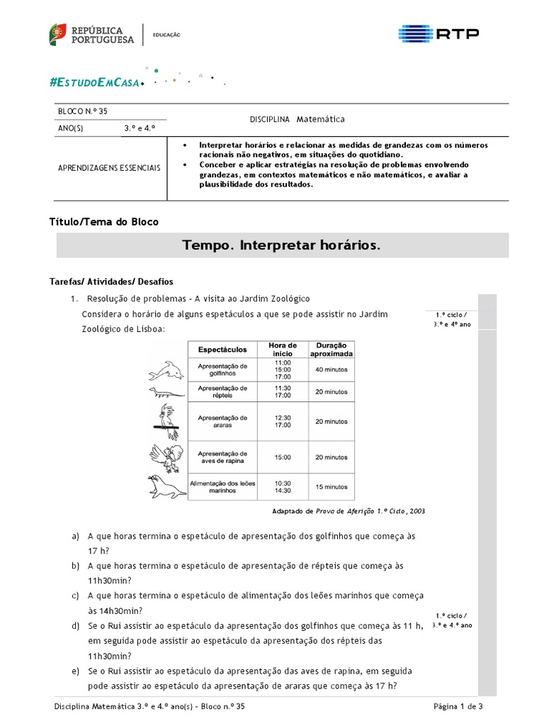 35 - Matemática - 3º e 4º Anos - Tempo. Interpretar Horários | PDF