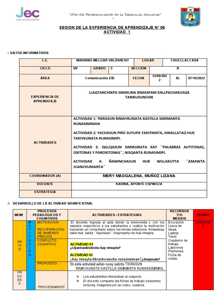 FORMATO DE SESIÓN DE APRENDIZAJE 2 Karina Actividad 1 Comunicacion EIB EXP 6 | PDF | Aprendizaje ...