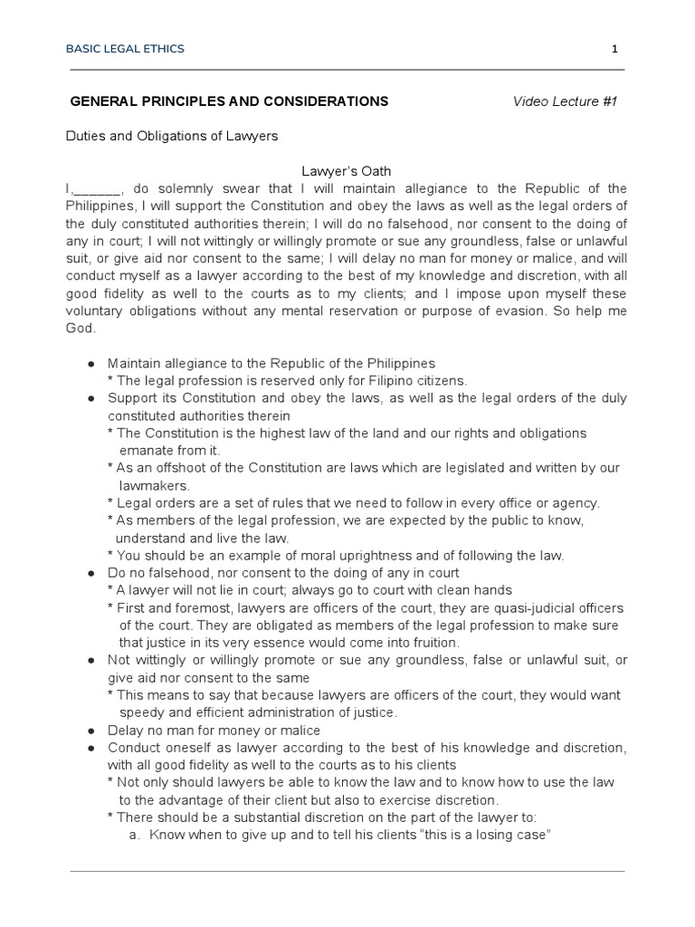 Duties and Obligations of Lawyers Lawyer's Oath: General Principles and ...