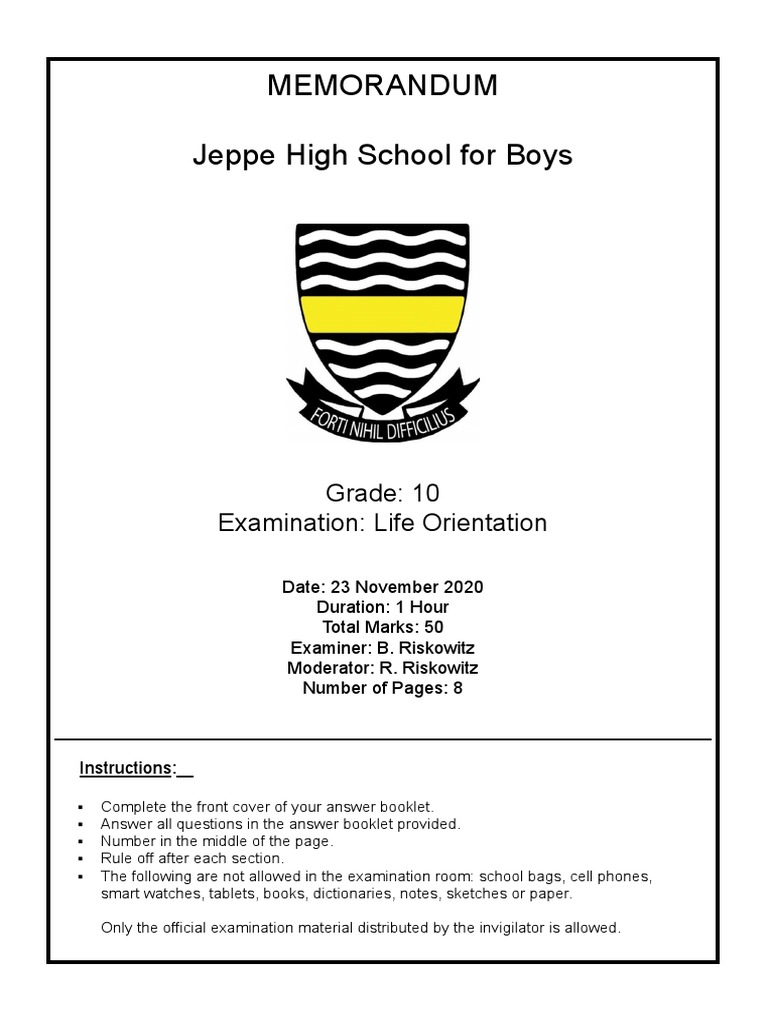 MEMO Grade 10 LO Exam Term 4 - 2020 November | PDF | Adolescence | Safe Sex