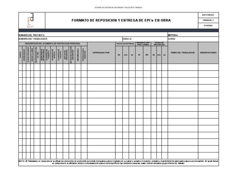 Formato Entrega y Reposicion de Epp | PDF