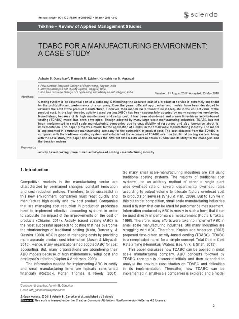 TDABC For A Manufacturing Environment A Case Study | PDF | Sheet Metal ...