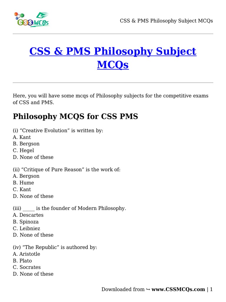CSS & PMS Philosophy Subject MCQs | PDF | Reason | Modern Philosophy