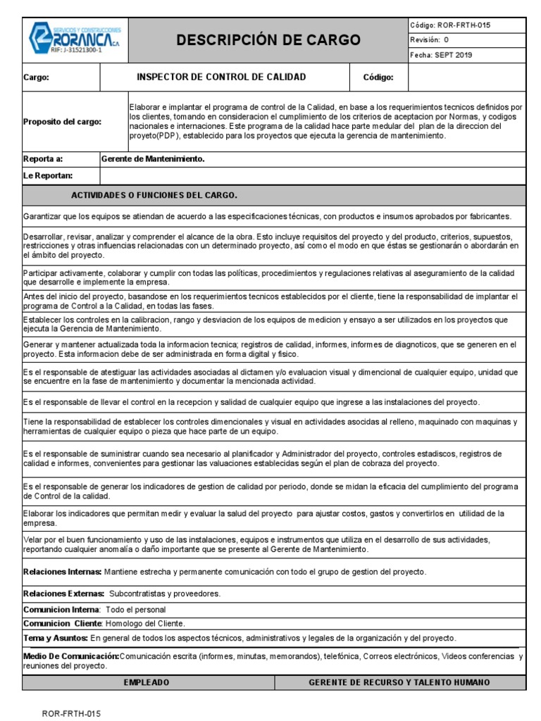 Descripcion de Cargo Supervisor Mantenimiento Equipos Rotativos | PDF | Calidad (comercial ...