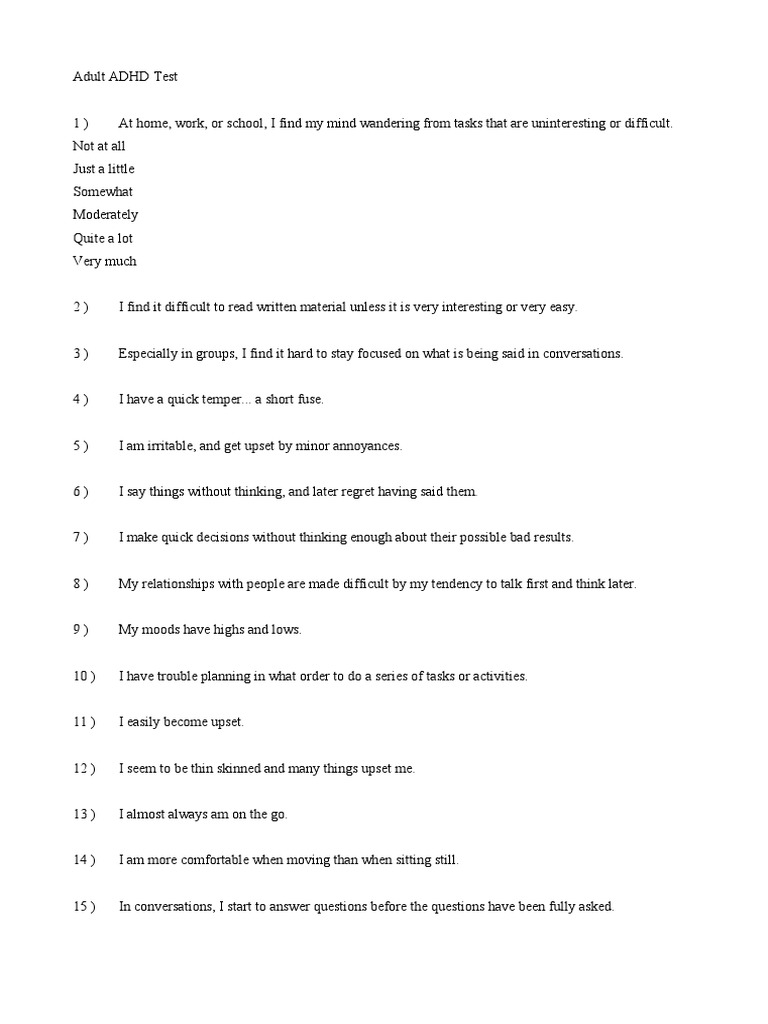 Adult ADHD Test | PDF | Attention Deficit Hyperactivity Disorder ...