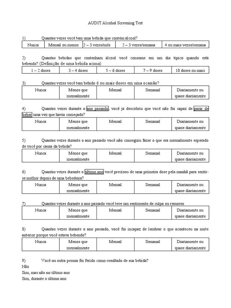 AUDIT - Alcohol Screening Test (Traduzido) | PDF | Alcoolismo ...