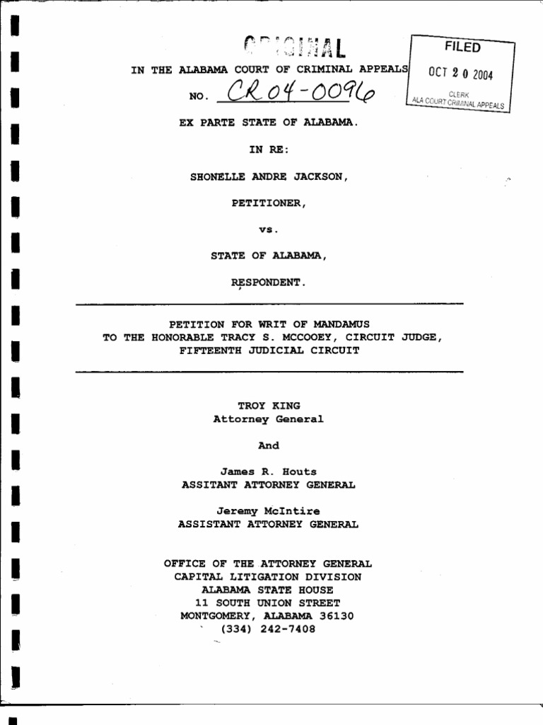 In Re Shonelle Andre Jackson V State of Alabama CR04-0096 Supreme Court ...