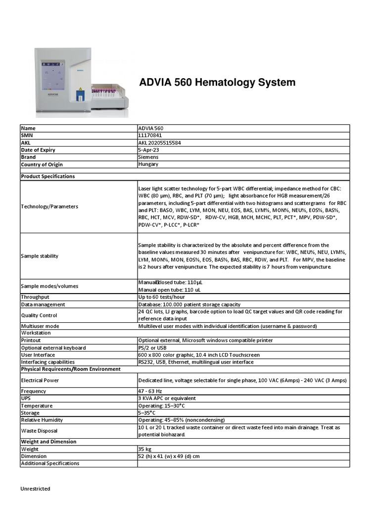ADVIA 560 Hematology System Specification | PDF | Electrical ...