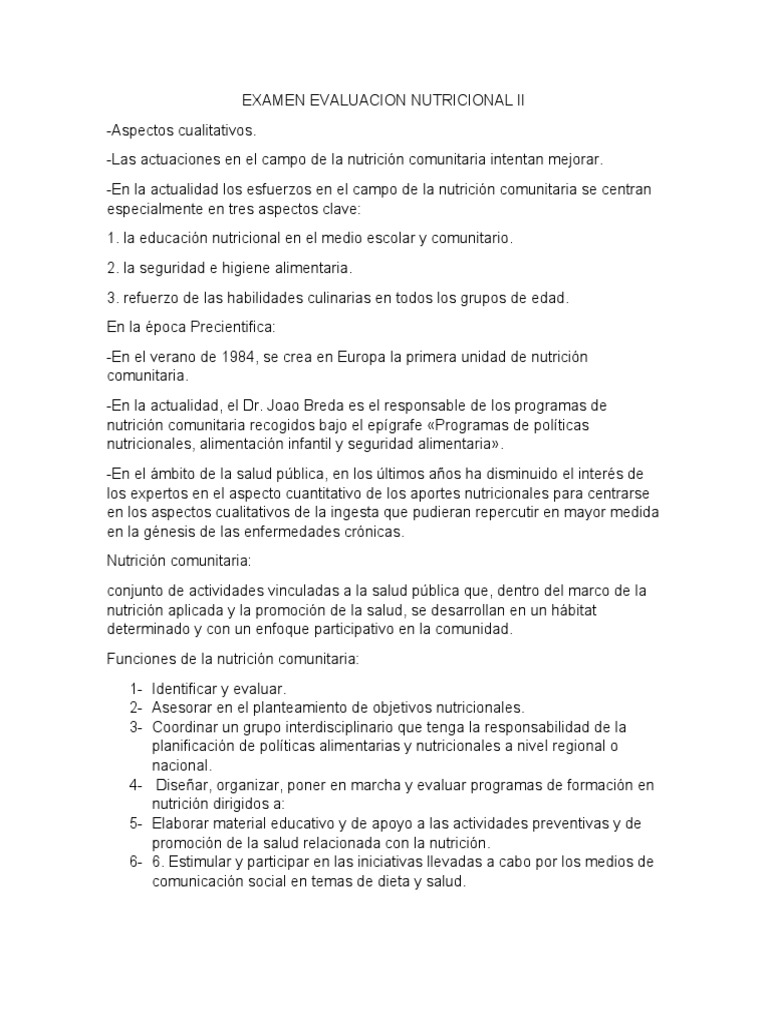 Examen Evaluacion Nutricional II | PDF | Nutrición | Dieta y nutrición
