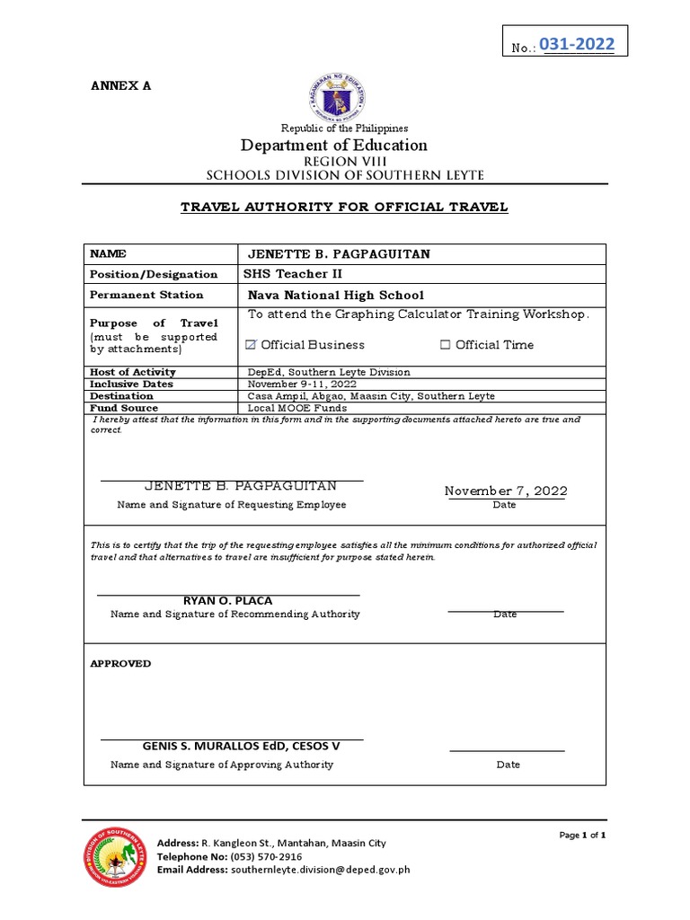 Travel Order - Jenette B. Pagpaguitan | PDF | Network Service ...