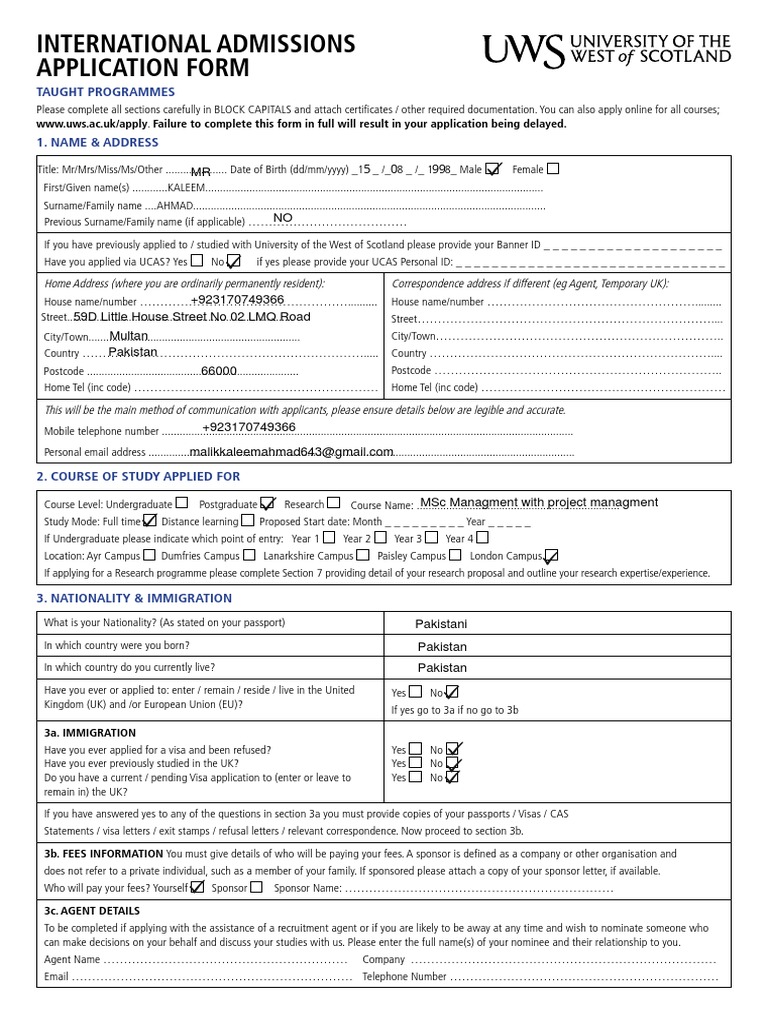 UWS Application Form | PDF | Travel Visa | Race And Ethnicity In The ...