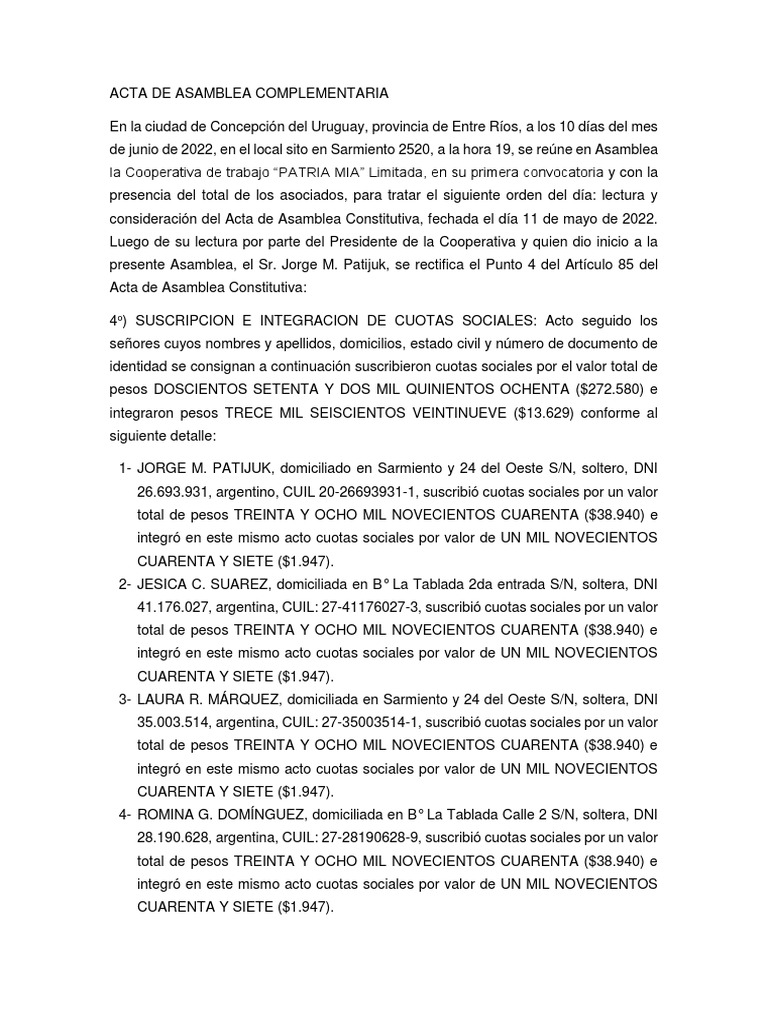 Acta de Asamblea Complementaria Pmcoop | PDF