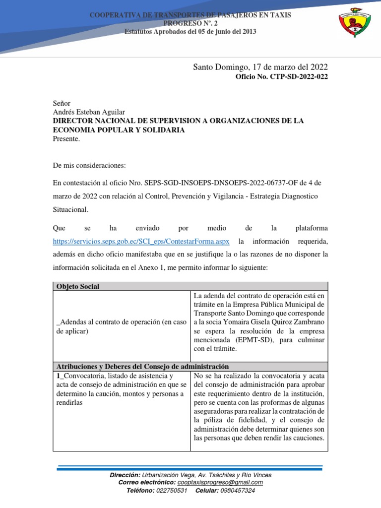 Cooperativa de Transporte de Pasajeros en Taxis Progreso | PDF ...