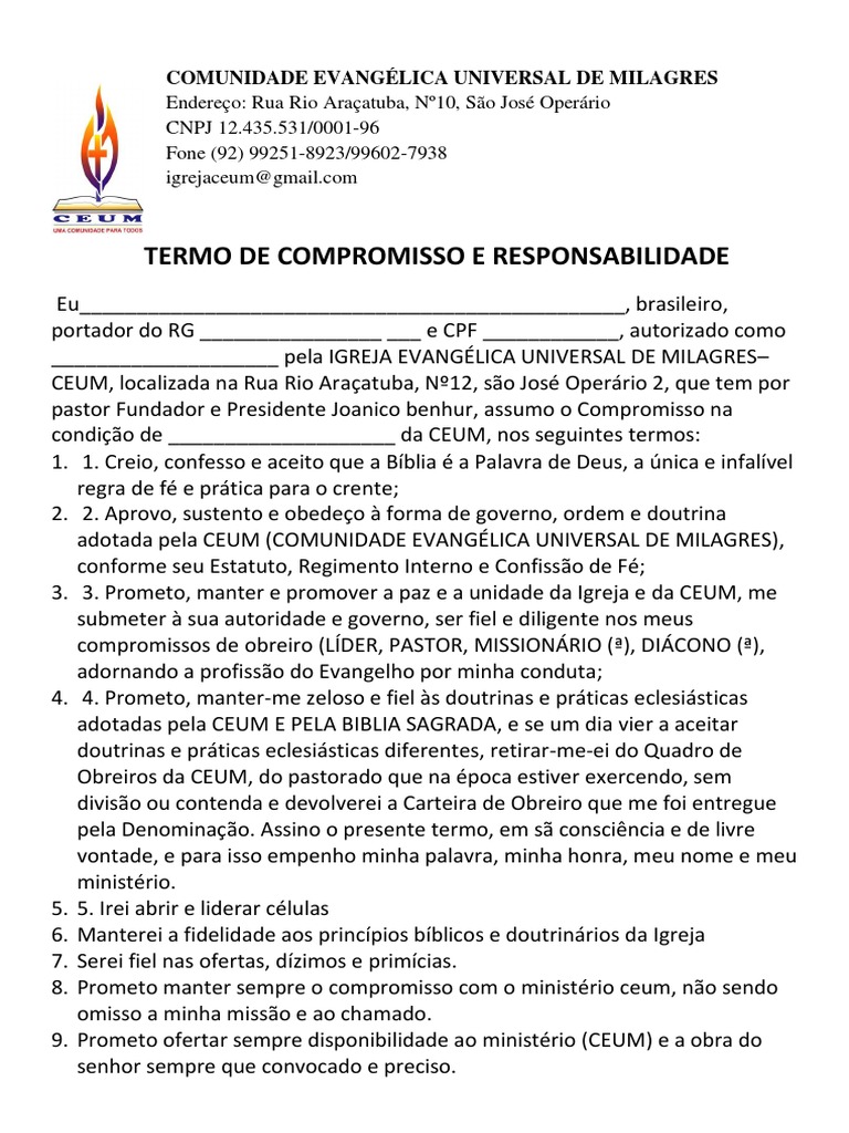 Termo de Compromisso e Responsabilidade | PDF | Protestantismo | Igreja ... Termo de Compromisso e Responsabilidade | PDF | Protestantismo | Igreja ...