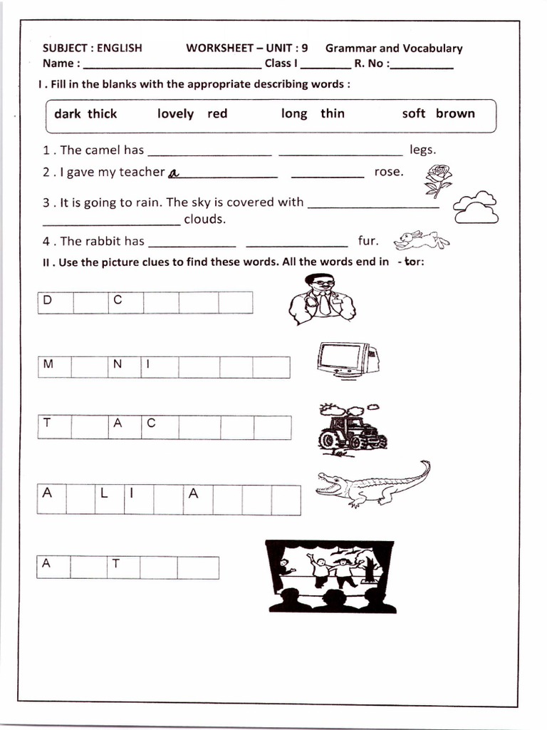 CBSE Class 1 English Worksheets (29) - Grammer and Vocabulary | PDF