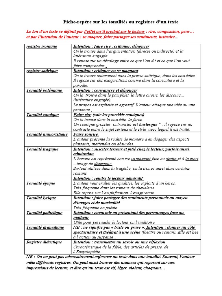 Fiche-Repère Tonalités Des Textes | PDF | Comédie