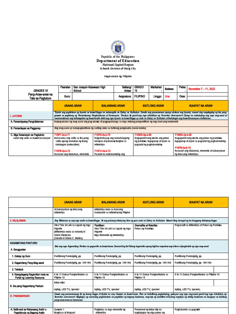 DLL FILIPINO 10 Aralin 2.1 | PDF