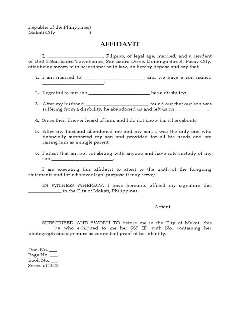 Affidavit Solo Parent Format | PDF | Social Science