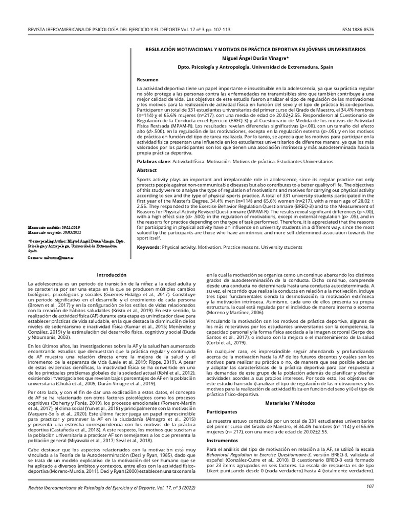 Behavioral Regulation in Exercise Questionnaire-3, Versión BREQ-3 ...