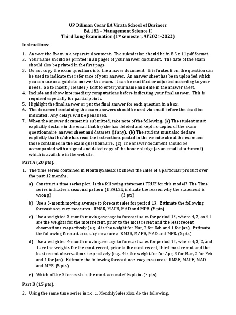 BA182 Third Long Exam | PDF | Forecasting | Autoregressive Integrated ...