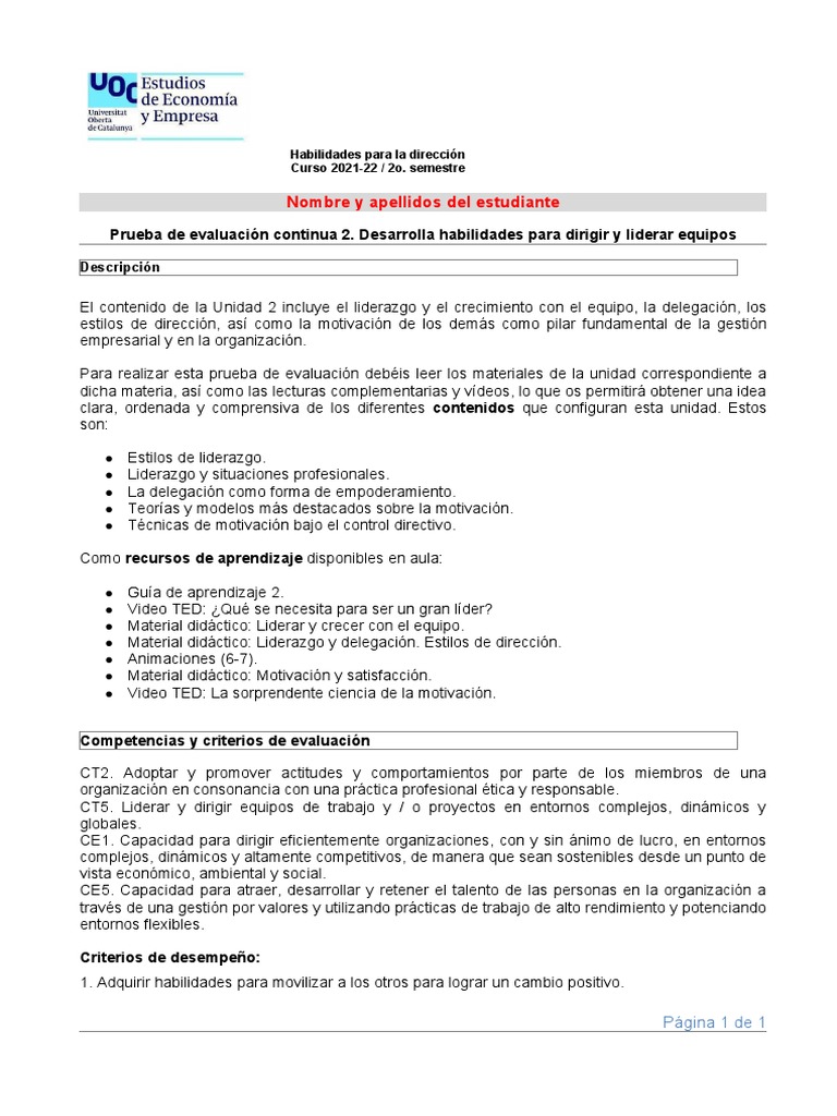 Habilidades Dirección - PEC 2 Enunciado - 20212 | PDF | Liderazgo | Motivacional
