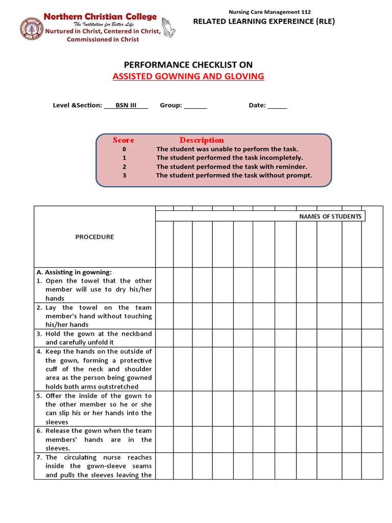 Nursing Care: Gowning and Gloving Checklist | PDF | Hand | Glove