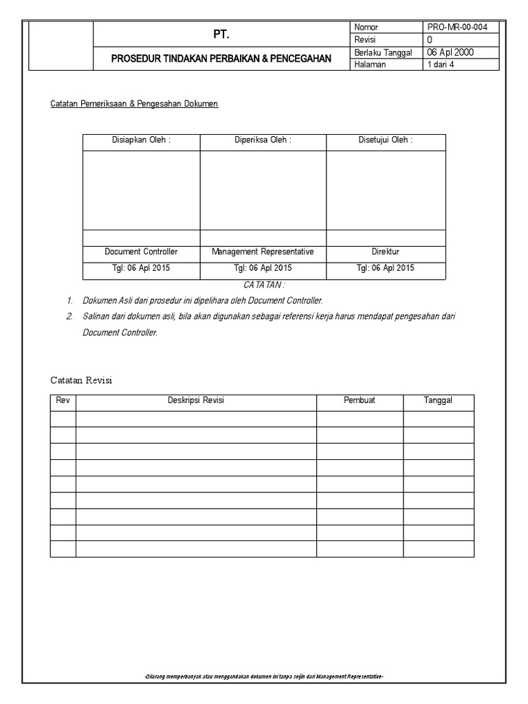 MR-PR-004 - Tindakan Perbaikan Dan Pencegahan Contoh | PDF
