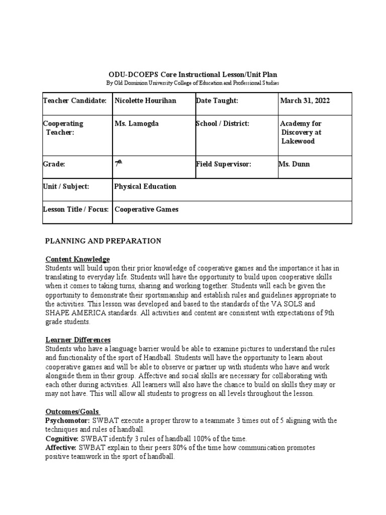 Cooperative Games Lesson Plan | PDF | Learning | Behavioural Sciences