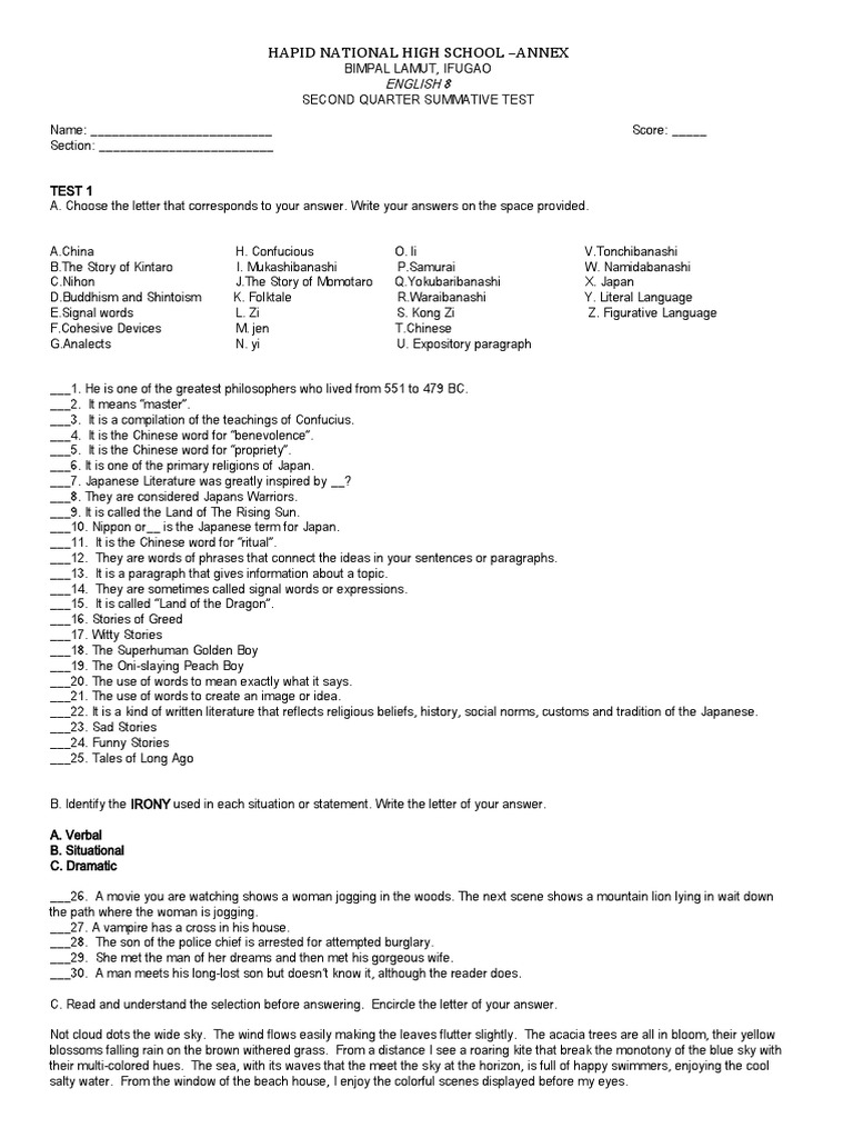 Grade 8 English 2nd Quarter Exam | PDF | Sky | Confucius