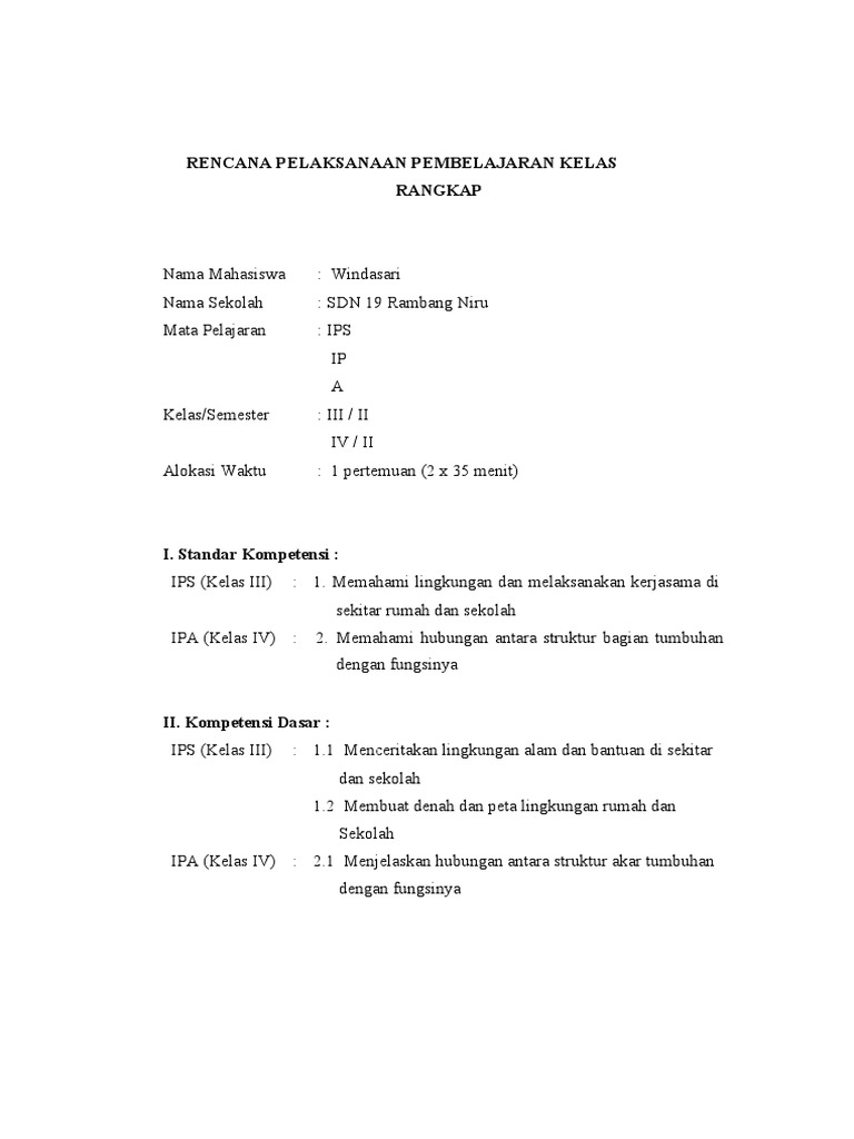 RPP Kelas Rangkap Kelas 3&4 k13 SMTER 2 | PDF