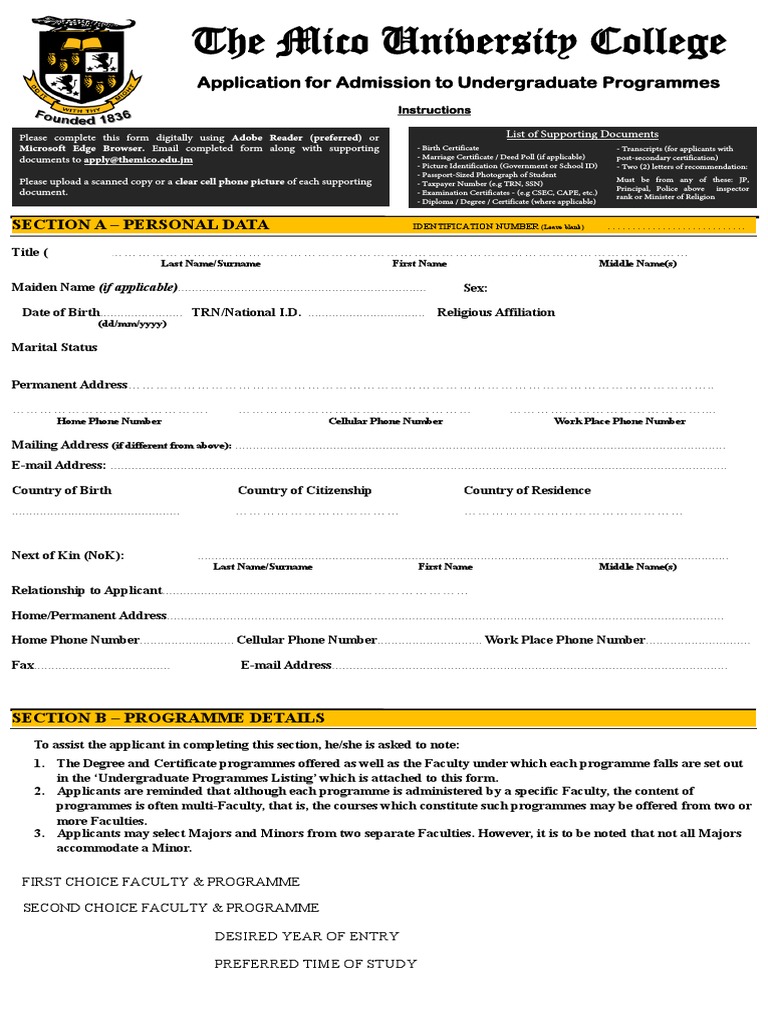Mico Undergraduate Application Revised Fillable Form | PDF | Identity ...