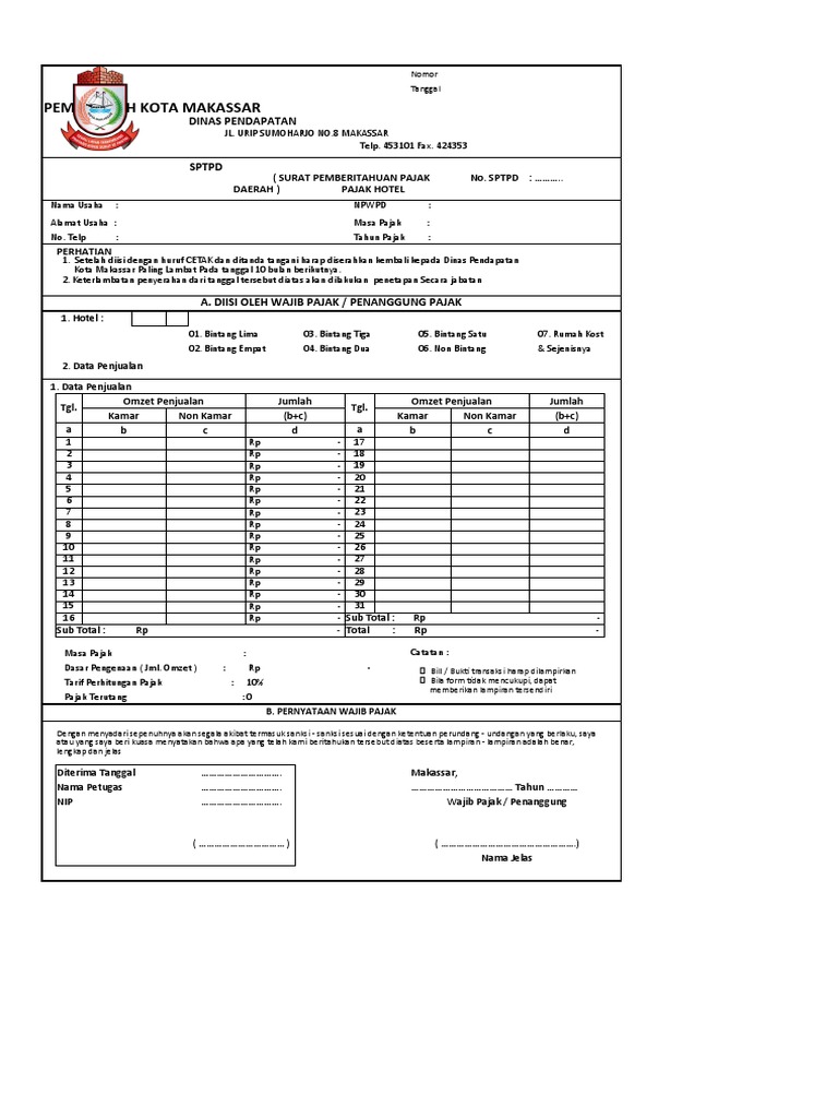 Form Pajak Hotel | PDF