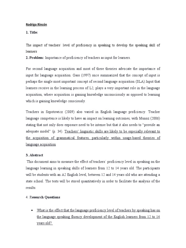 Problem: The Impact of Teachers Level of Proficiency in Speaking To Develop The Speaking Skill ...