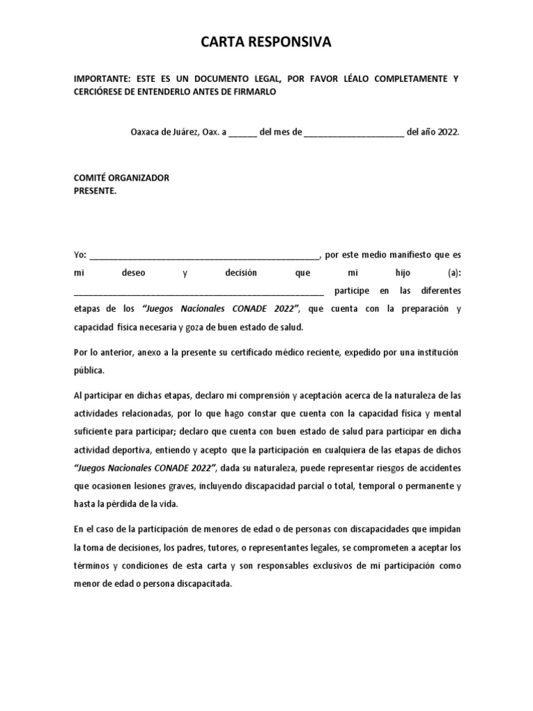 Carta Responsiva de Menor de Edad | PDF | Invalidez | Menor (ley)
