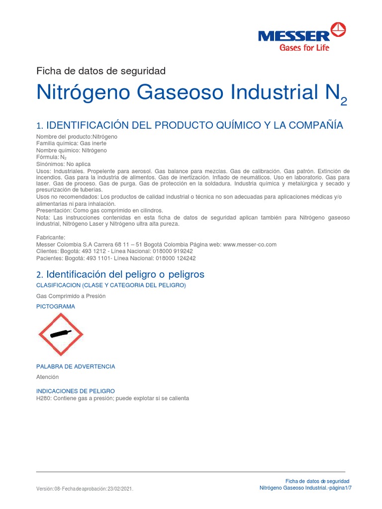 Fichas de Datos de Seguridad Nitrogeno Gaseoso Industrial | PDF | Oxígeno | Gases