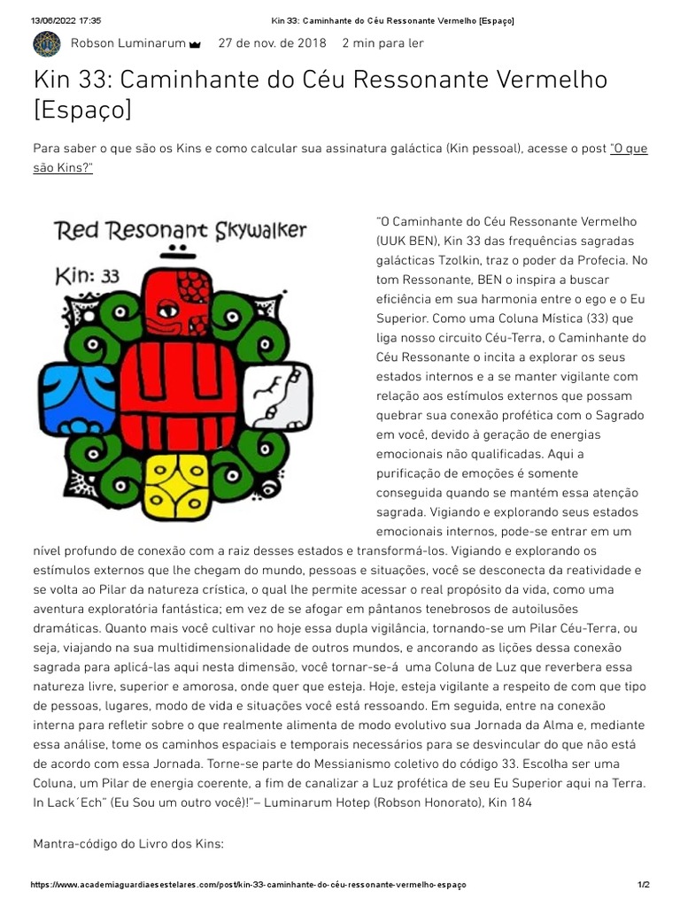 Kin 33 - Caminhante Do Céu Ressonante Vermelho (Espaço) | PDF