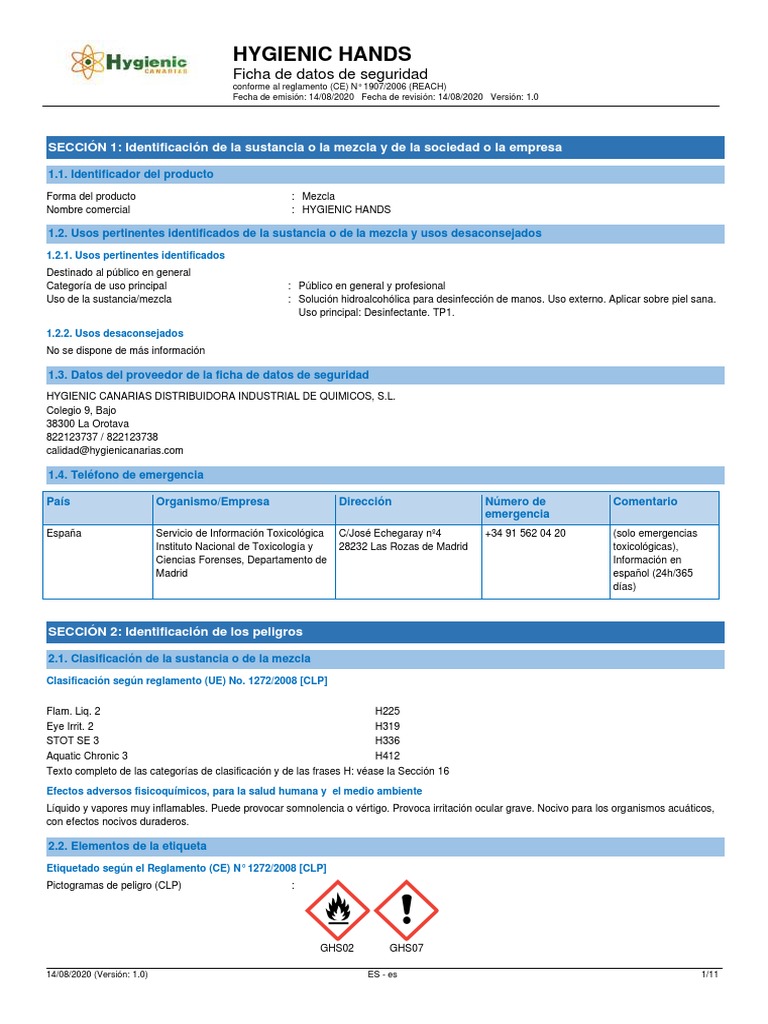 Hygienic Hands: Ficha de Datos de Seguridad | PDF | Naturaleza | Ciencias fisicas