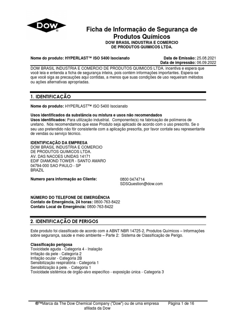 FISPQ HYPERLAST™ ISO 5400 Isocyanate | PDF | Asma | Reações químicas