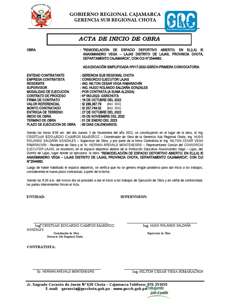 Acta de Inicio de Obra | PDF