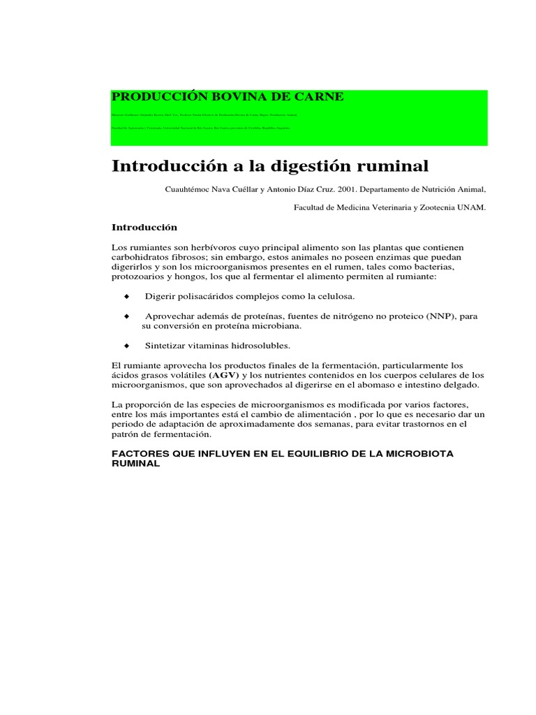 Nava Cuellar. Introducción A La Digestión Ruminal | PDF | Rumiante ...