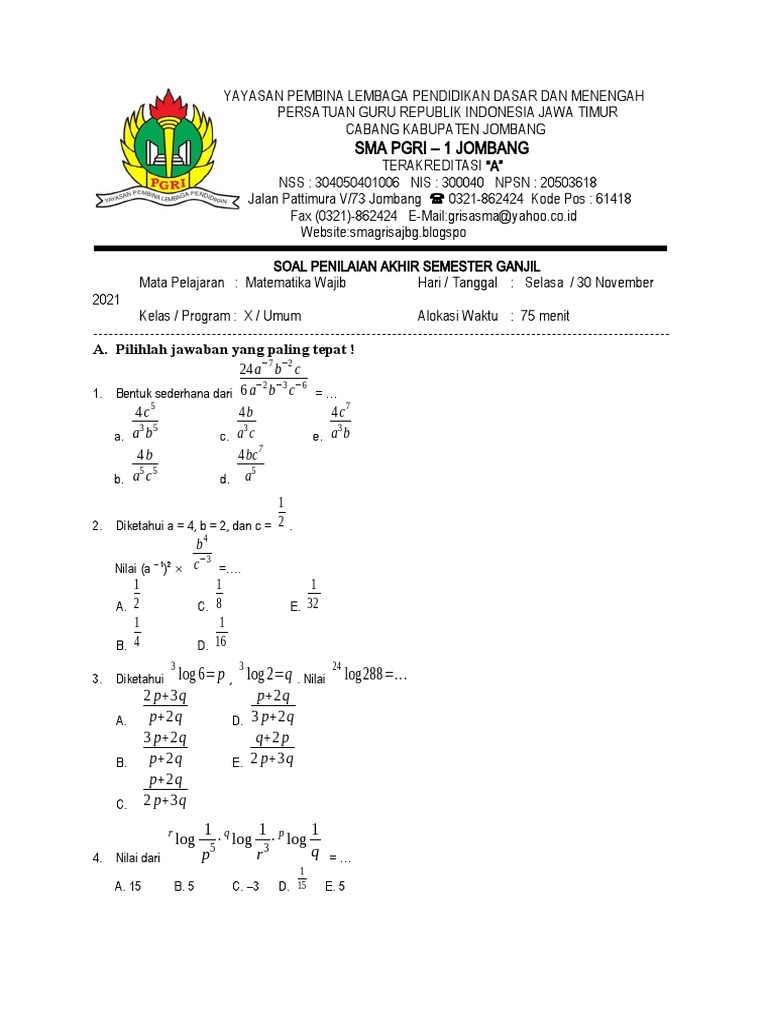 Soal Pas Ganjil Matematika Peminatan Kelas X 2021-2022 | PDF