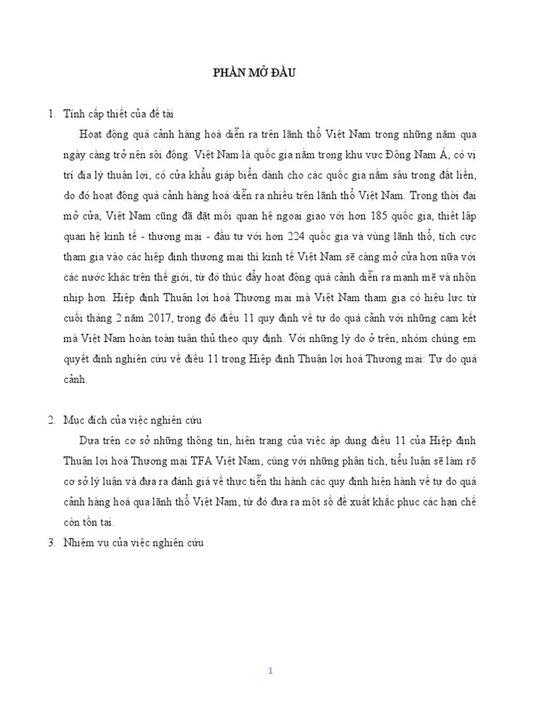 Tieu Luan Nghiep Vu Hai Quan Tu Do Qua Canh Trong Hiep Dinh Thuan Loi Hoa Thuong Mai Tfa | PDF