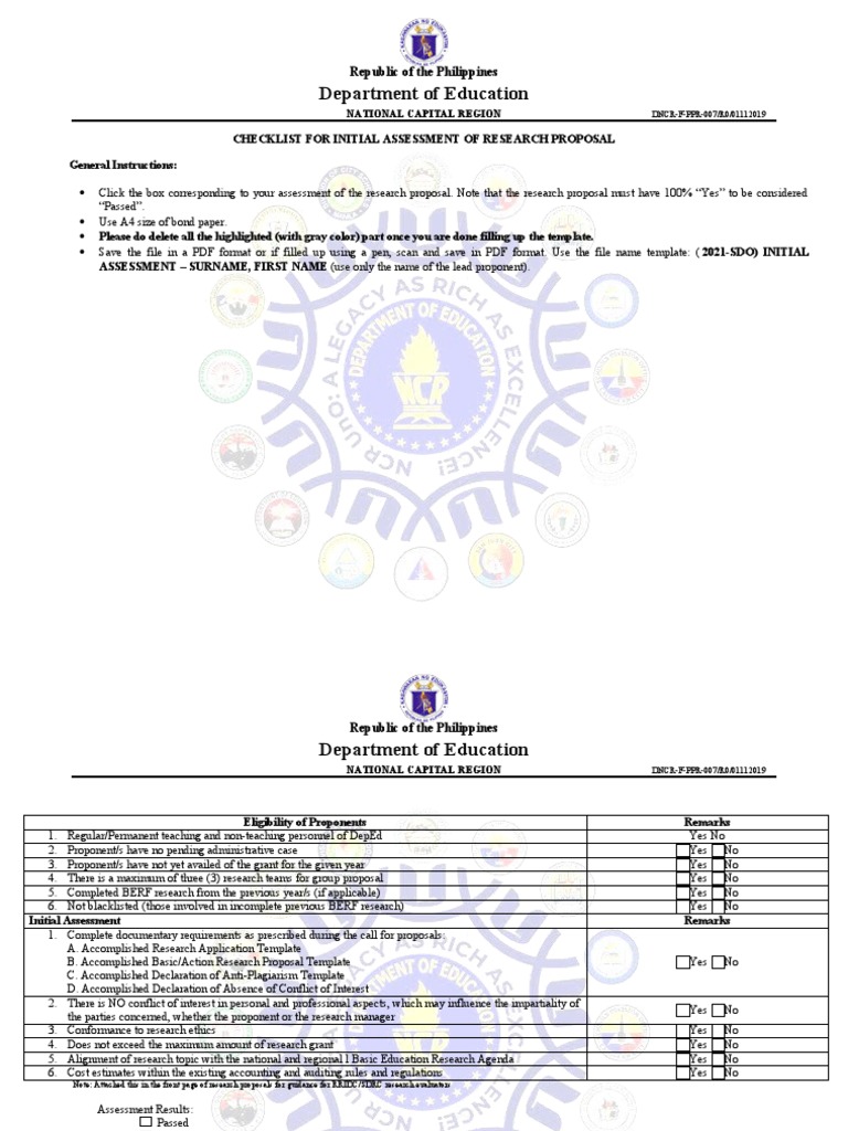 Checklist For Initial Assessment of Research Proposal NCR | PDF