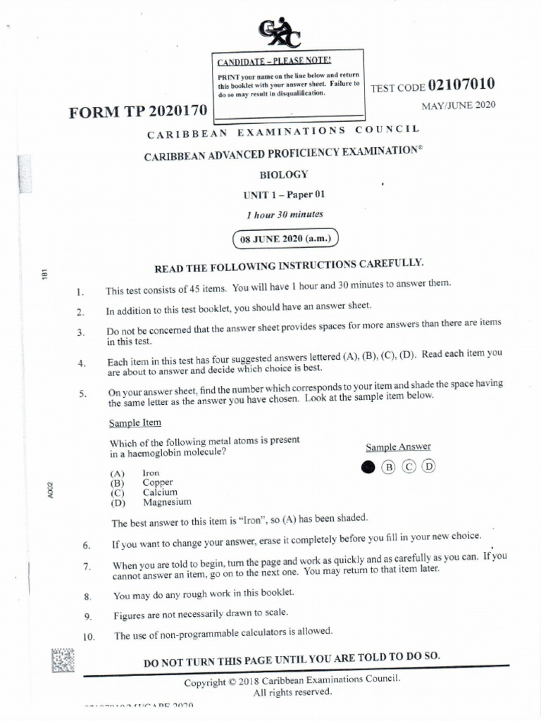 CAPE Biology 2020 Unit 1 P1 | PDF
