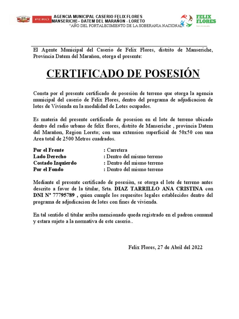 Modelo de Certificado de Posesion | PDF