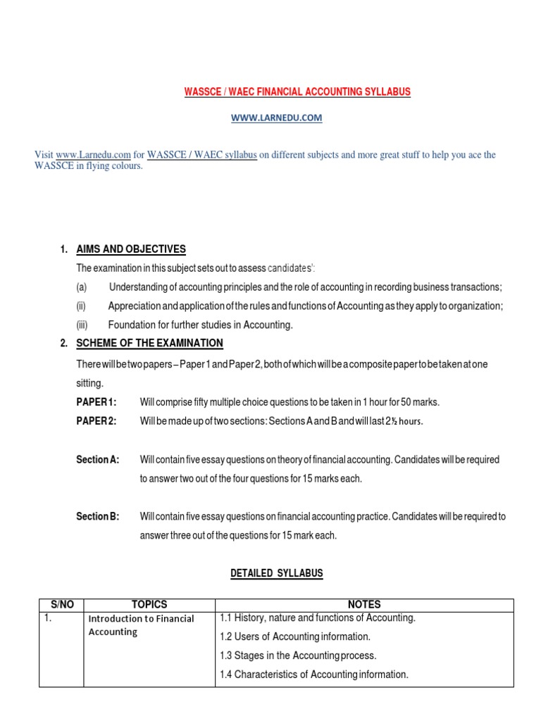 WASSCE WAEC Financial Accounting Syllabus | PDF | Balance Sheet ...