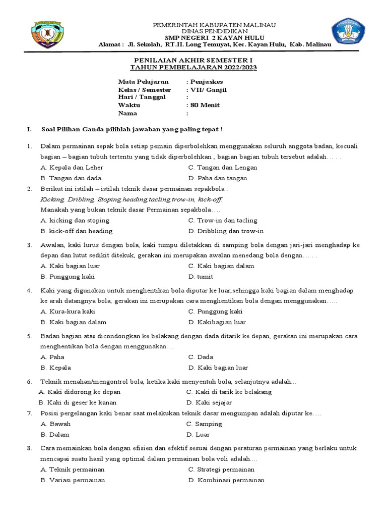 Soal PAS PJOK Kelas 7 Sem 1 Tahun 2022 (Print) | PDF