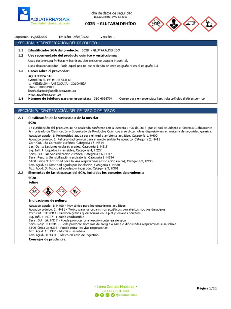 Anexo A. Hoja de Seguridad Glutaraldehído | PDF | Alergia | Quemar
