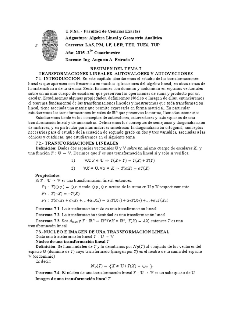Resumen - Tema - 7 - Transformaciones Lineales | PDF | Valores propios y vectores propios | Mapa ...